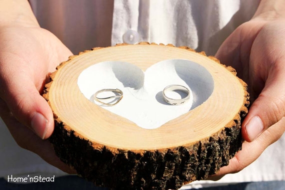 Rustic Wedding Ring "Pillow" Log Ring Dish Engraved Heart - FaveThing.com