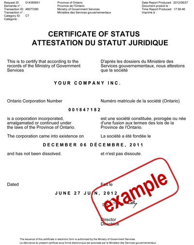 Ontario Certificate of Status for an Ontario Company - FaveThing.com